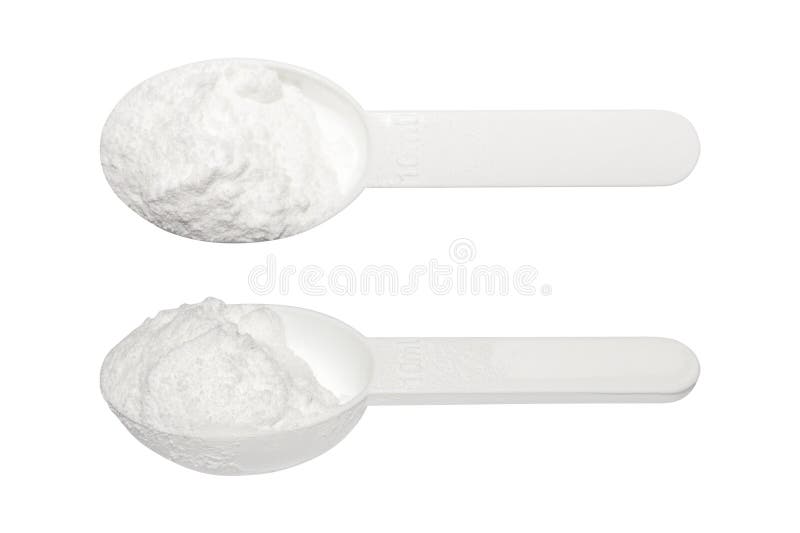 Creatine in a Measuring Plastic Spoon on a White Background.Creatine ...