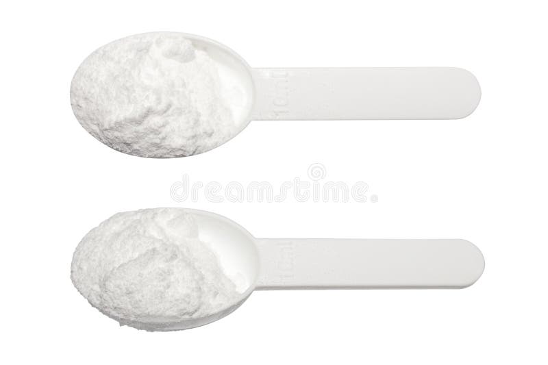 Creatine in a Measuring Plastic Spoon on a White Background.Creatine ...