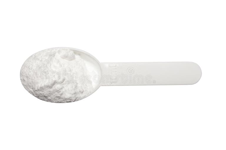 Creatine in a Measuring Plastic Spoon on a White Background.Creatine ...