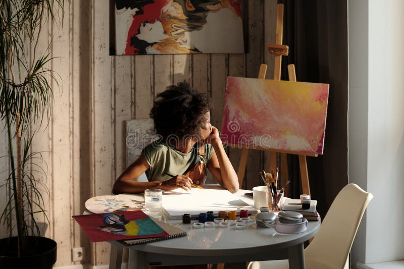 Creating Art in Brightly Lit Artist Studio Workspace Stock Image ...