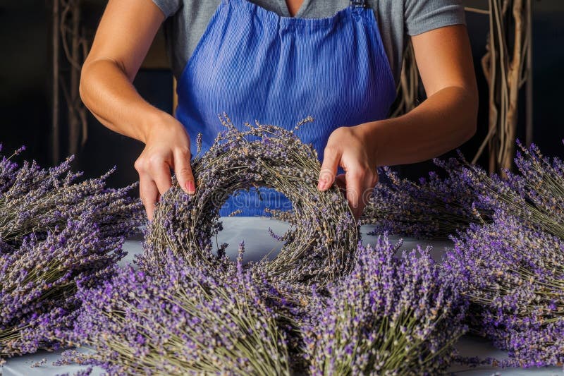 Creating a Beautiful Lavender Wreath with Fresh Lavender Flowers in a Crafting Workshop Stock ...