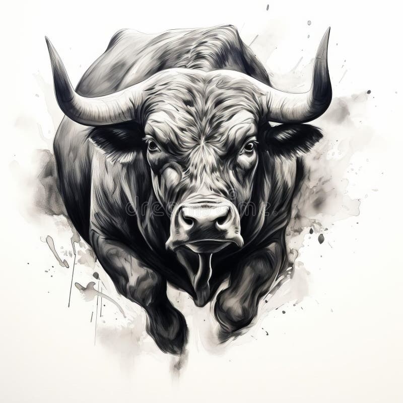 Creating a Bold Black Ink Bull on White Background Artwork Stock ...