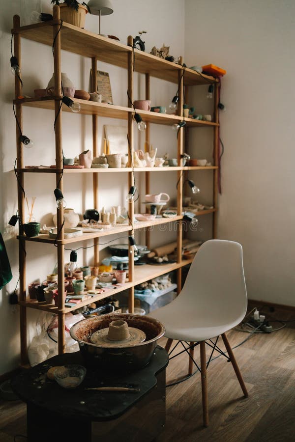 Creating Ceramics Ware with Own Hands. Shelf with Handmade Clay Cups ...