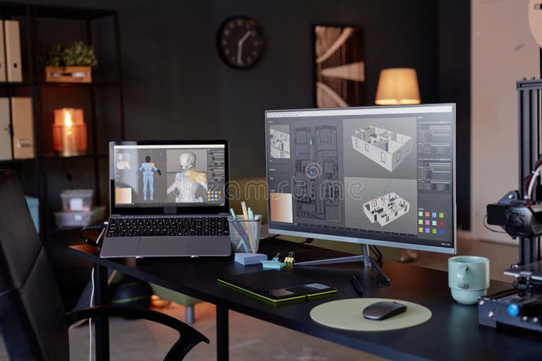 Creating Digital Models on Dual Computer Screens in Office Stock Image ...