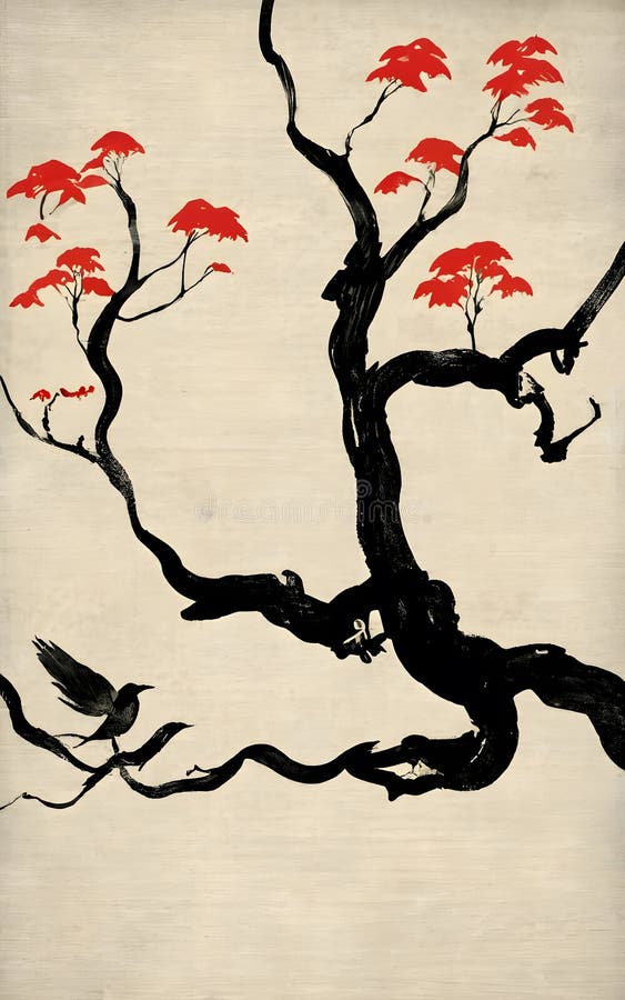 Minimalist Ink Art, Japanese Style, Tree and Bird. Stock Illustration ...