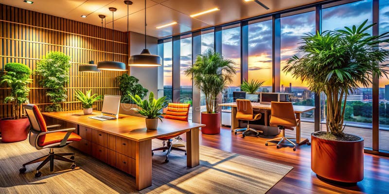 Creating a Modern and Inspiring Office Space Warm Lighting Greenery and ...