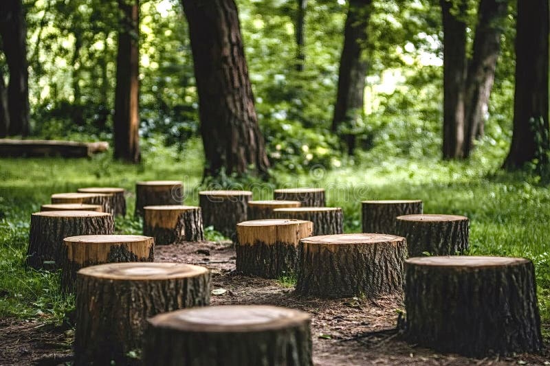 Tree Stumps Forming a Path in Lush Green Forest Stock Image - Image of ...