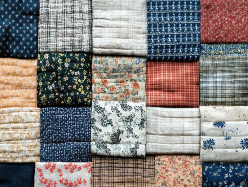 Creating a Patchwork Quilt, Sewing Diverse Fabric Squares Together for ...