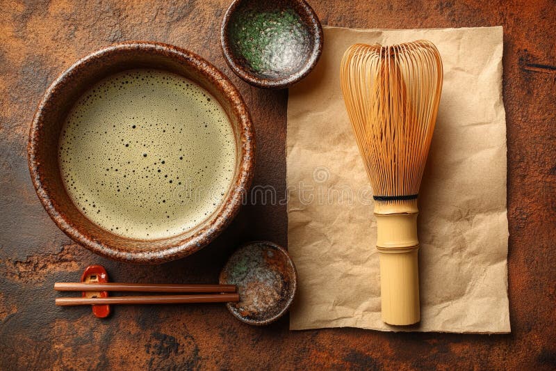 Creating the Perfect Cup of Matcha Tea Using a Whisk and Paper on a ...