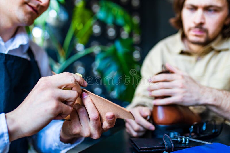 Creating Process of the Leather Things in the Handmade Workshop Stock ...