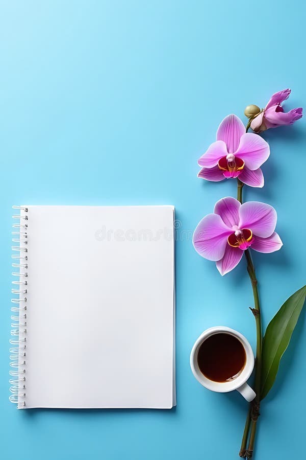 Creating a Relaxing Workspace Blank Notebook Coffee Orchid Flower Blue Background Minimalist ...