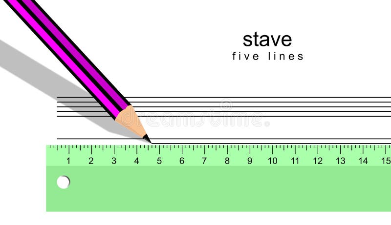 A Pencil and Ruler, Making the Five Lines of the Stave. Illustration ...