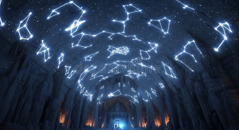 A Cavernous Hall is Illuminated by Glowing Constellations on the Arched ...