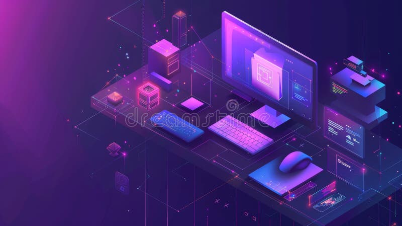 Creating a Website Design, Interface, Computer Monitor with 3D Icons on an Ultraviolet ...