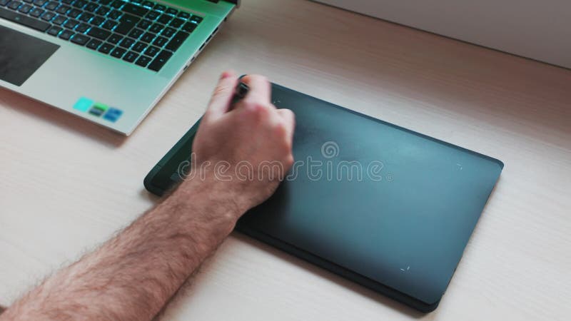 Creation of Digital Illustration. Man Using Stylus from Drawing Tablet ...