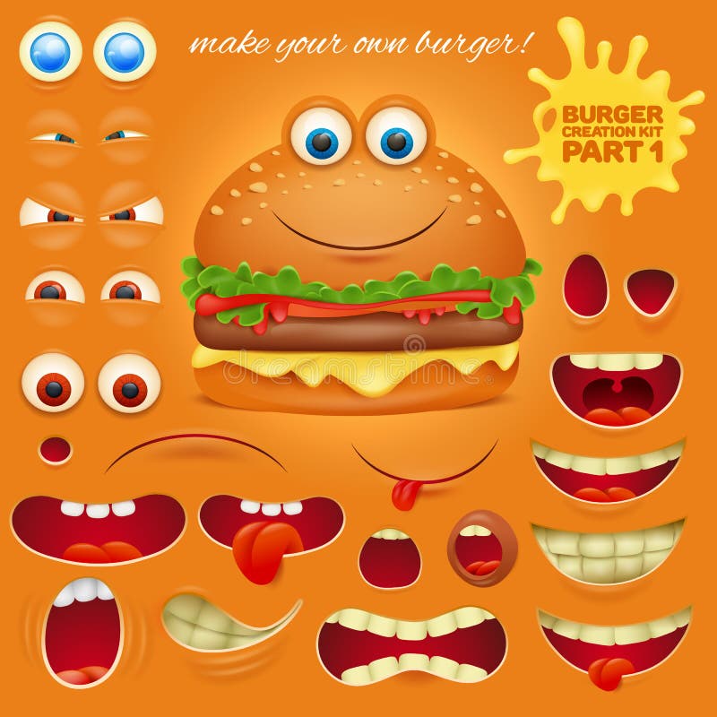 Creation Kit of Emoticon Cartoon Burger Character Stock Illustration ...