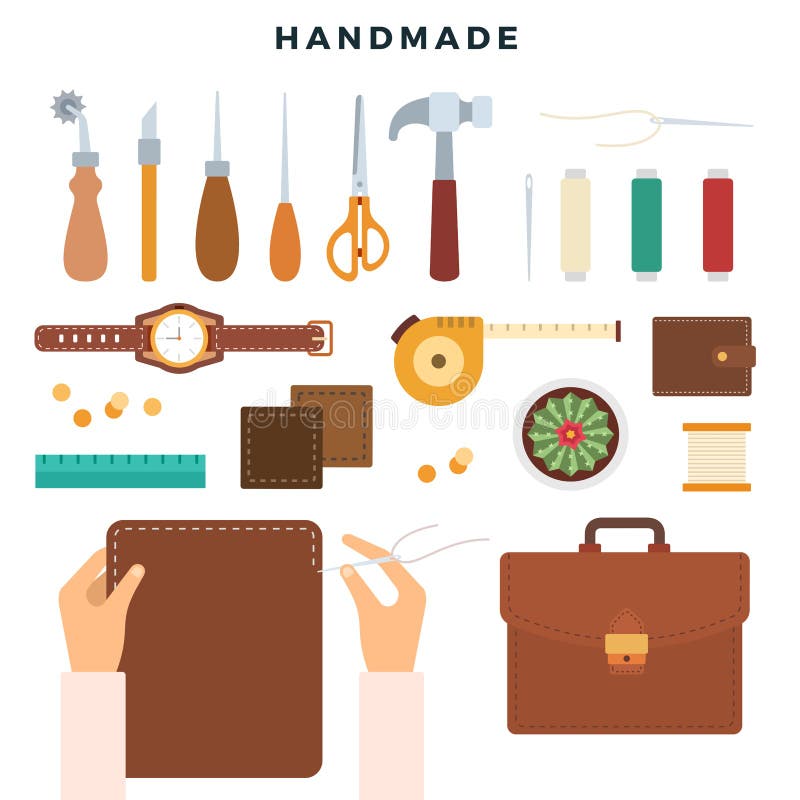 Creation of Leather Products, Handmade. Tools and Leather Goods. Vector ...