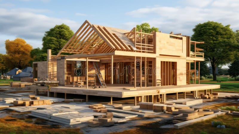 The Creation of Timber Frame Modular Homes. Generative AI Stock ...