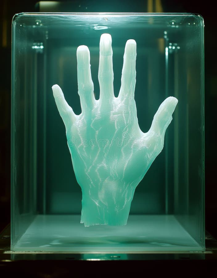 The Creation of a White Plastic Hand Model by a 3D Printer Demonstrates ...