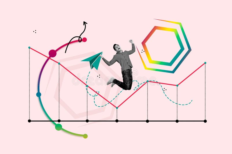Creative Abstract Collage of Happy Businessman Jump Promotion Arrow ...