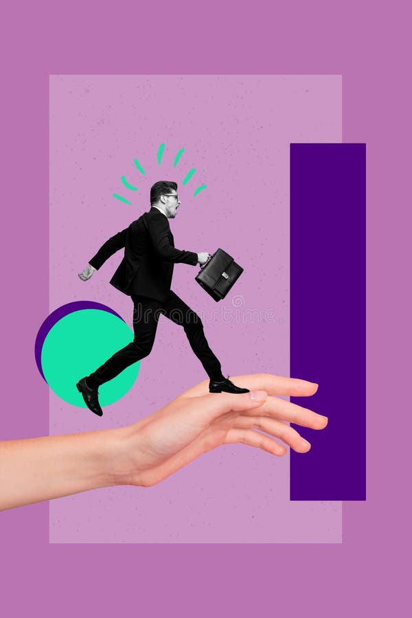 Creative Abstract Collage of Young Man Run Rectangle Shape Big Hand on ...