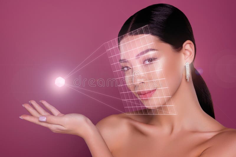 Creative Abstract Futuristic Collage of Lady Using on Hand Light Ray ...
