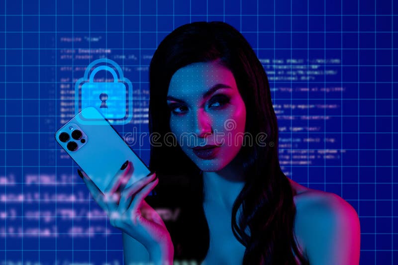 Creative Abstract Graphics Collage of Lady Use Cell Smart Device ...