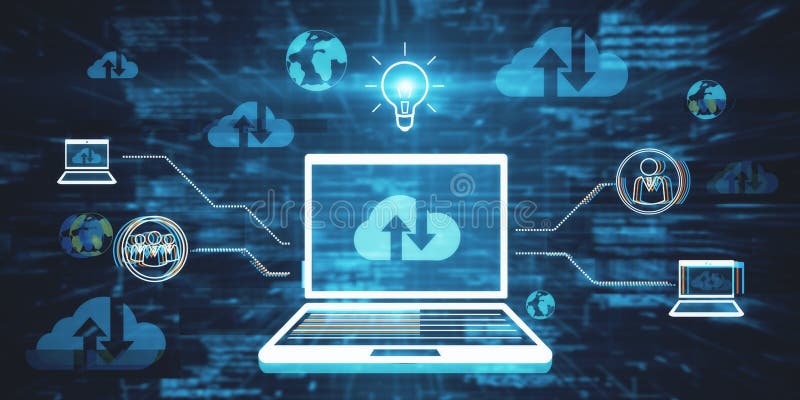 Creative Abstract Laptop with Various Icons and Digital Cloud Computing ...
