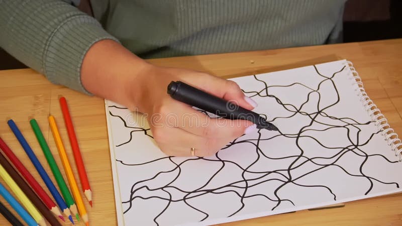 Creative Abstract Line Drawing with Black Marker and Colored Pencils ...