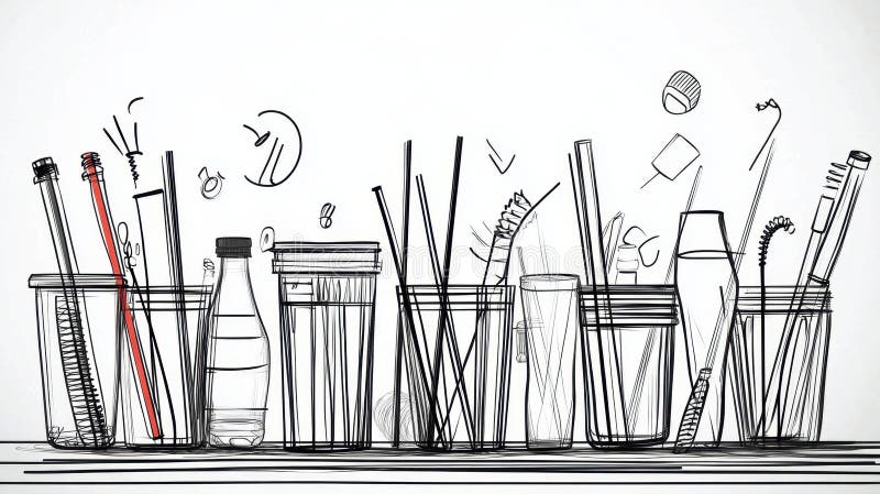 Creative Abstract Outline of Stationery and Beverage Containers on Desk ...