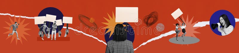 Creative Abstract Panorama Collage of People Fighting Protest with ...