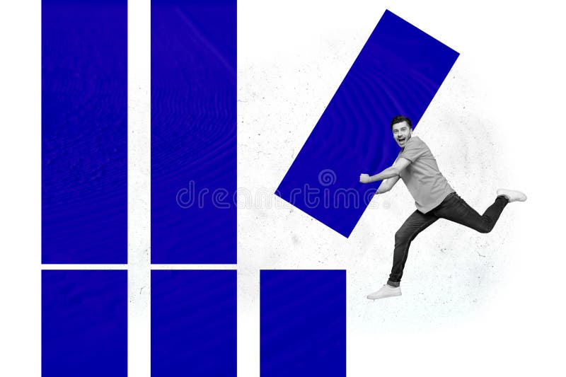 Creative Abstract Template Collage of Funny Man Building Blocks Blue ...