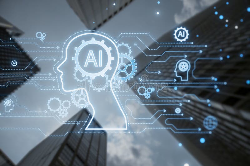 Creative AI Head Outline Hologram with Circuit on Blurry Blue ...