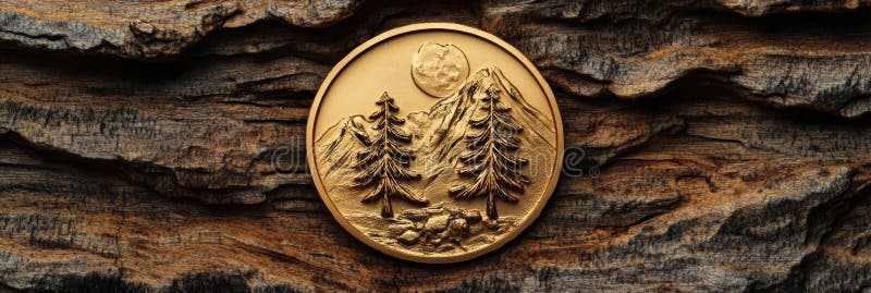 Creative Ancient Coin Featuring Pine Trees and Mountains, Illustrating ...