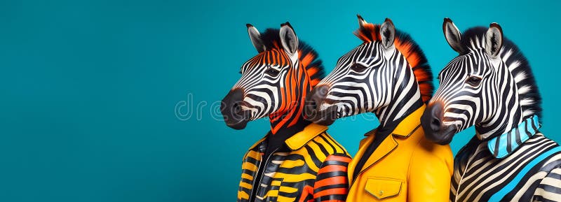 Zebra in a Group, Vibrant Bright Fashionable Outfits Isolated on Solid ...