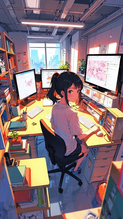 Creative Anime Workspace with Colorful Design Elements and Team ...