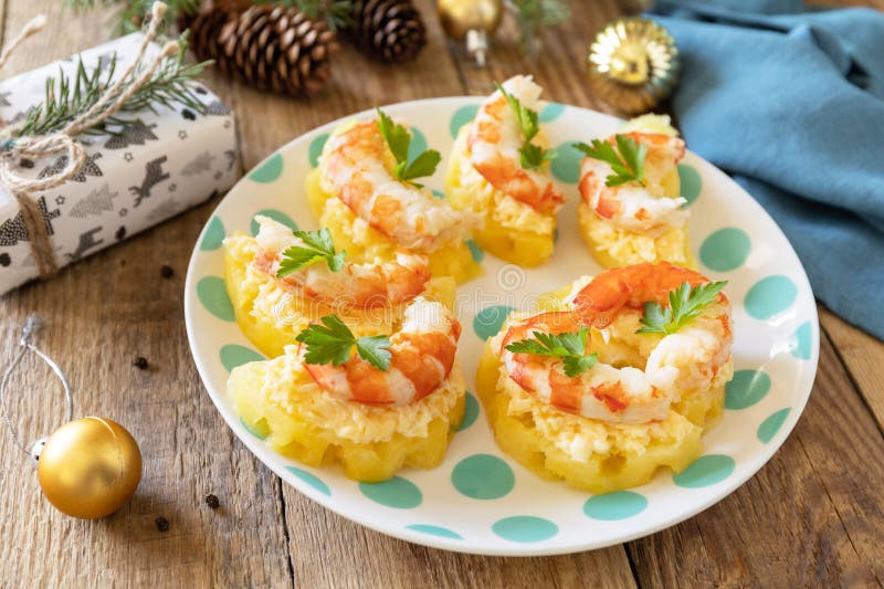 Creative Appetizers Christmas. Shrimp on Pineapple with Cheese Filling ...