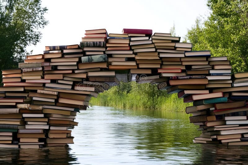 Creative Arch Bridge Made of Colorful Books Over a Tranquil River Stock ...