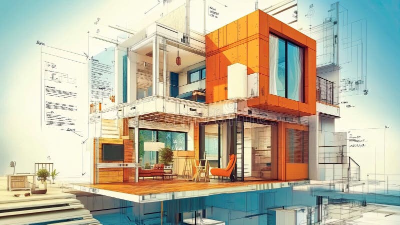 Stylized 3D Home Design with Architectural Drawings Stock Illustration - Illustration of ...