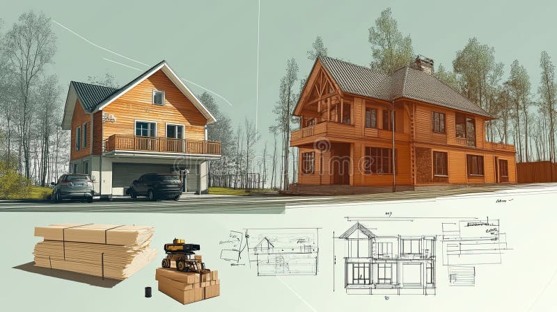 Stylized 3D Home Design with Architectural Drawings Stock Illustration ...