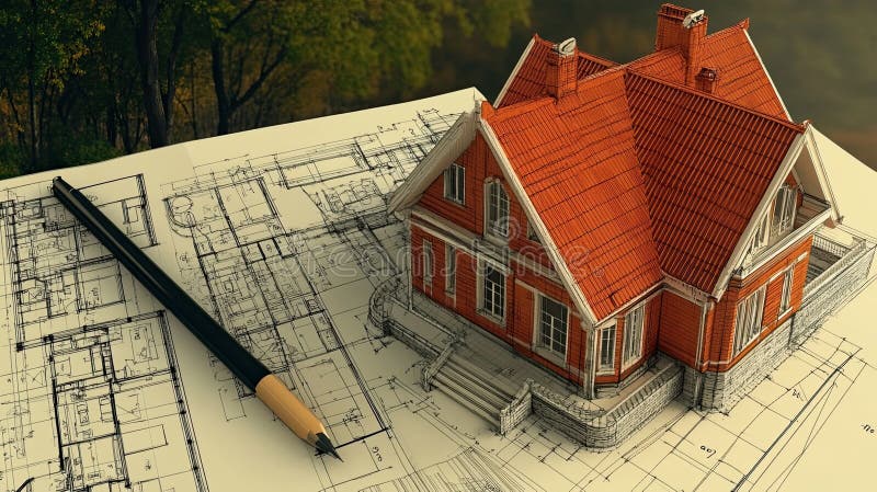 Stylized 3D Home Design with Architectural Drawings Stock Illustration ...