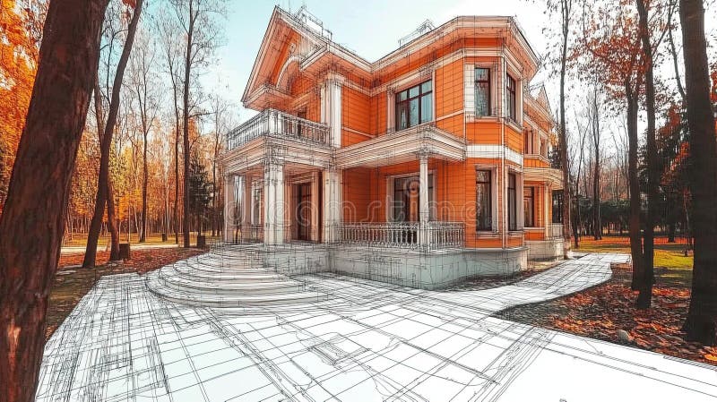 Stylized 3D Home Design with Architectural Drawings Stock Illustration ...