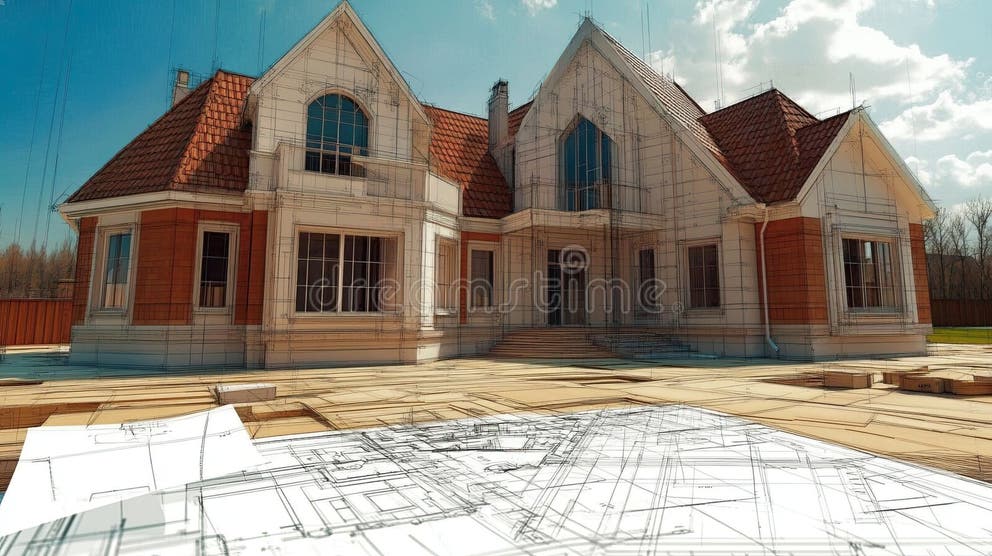 Stylized 3D Home Design with Architectural Drawings Stock Illustration ...