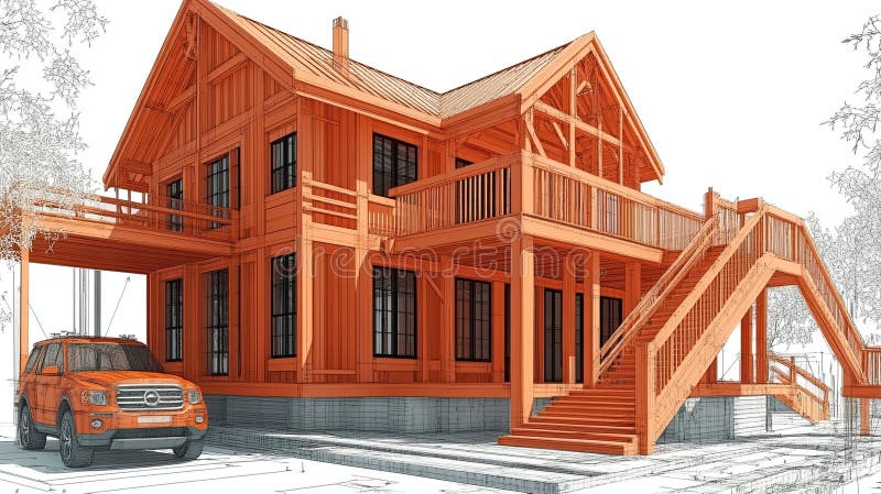 Stylized 3D Home Design with Architectural Drawings Stock Illustration ...