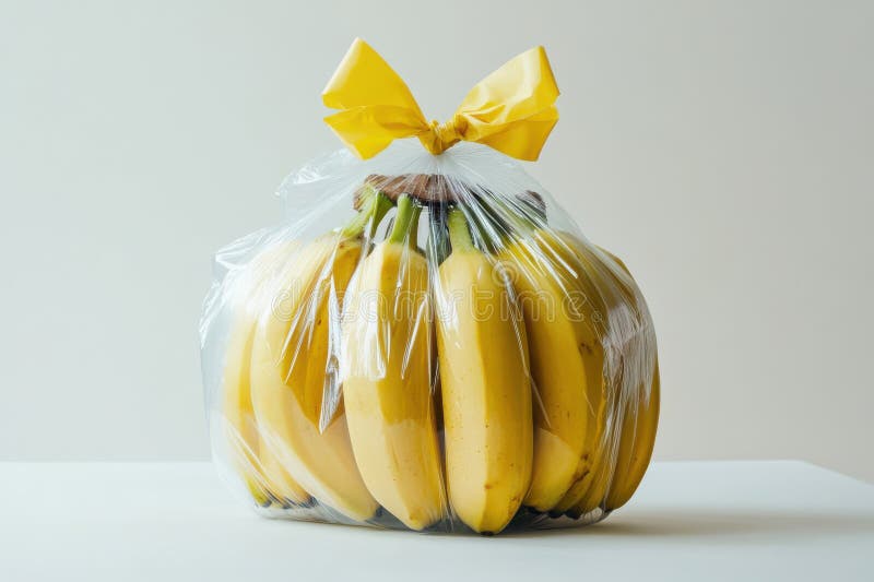 Creative Arrangement of Bananas Wrapped in Transparent Bag with Yellow ...