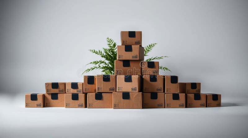 Creative Arrangement of Cardboard Boxes with a Green Plant in a Studio ...