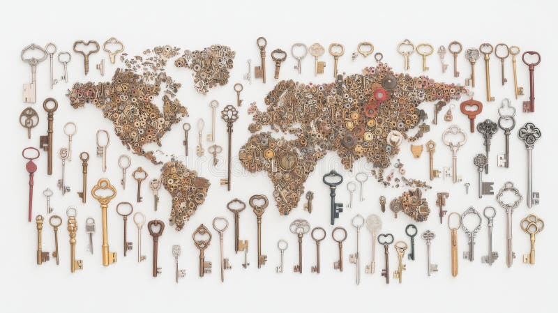 World Map Created from Assorted Keys and Gears Showcasing a Unique ...