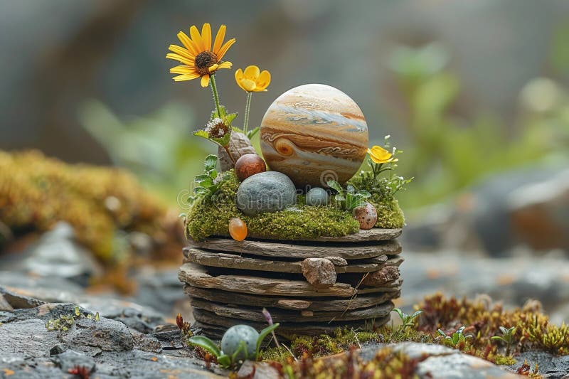 Miniature Solar System Planets with Lush Greenery and Decorative Stones ...