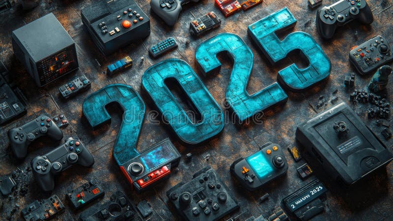 Creative Arrangement of Gaming Controllers Forms the Year 2025 on a ...