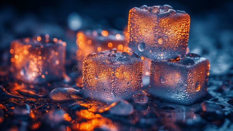 Illuminated Ice Cubes Stacked on Top of Each Other on Dark Background ...